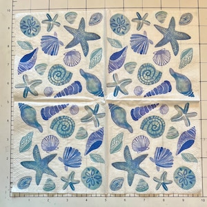 3 Decoupage Beverage Napkins, Blue Watercolor Sea Shells Sand Dollar ...