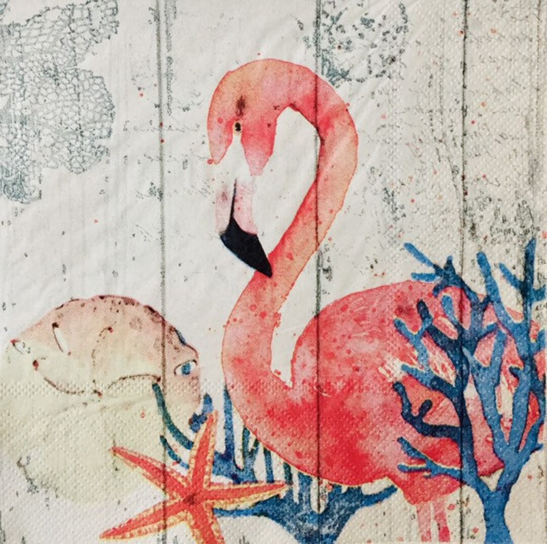 3 Decoupage Napkins, Pink Flamingo Rustic Seaside Collage, 13"x13 ...