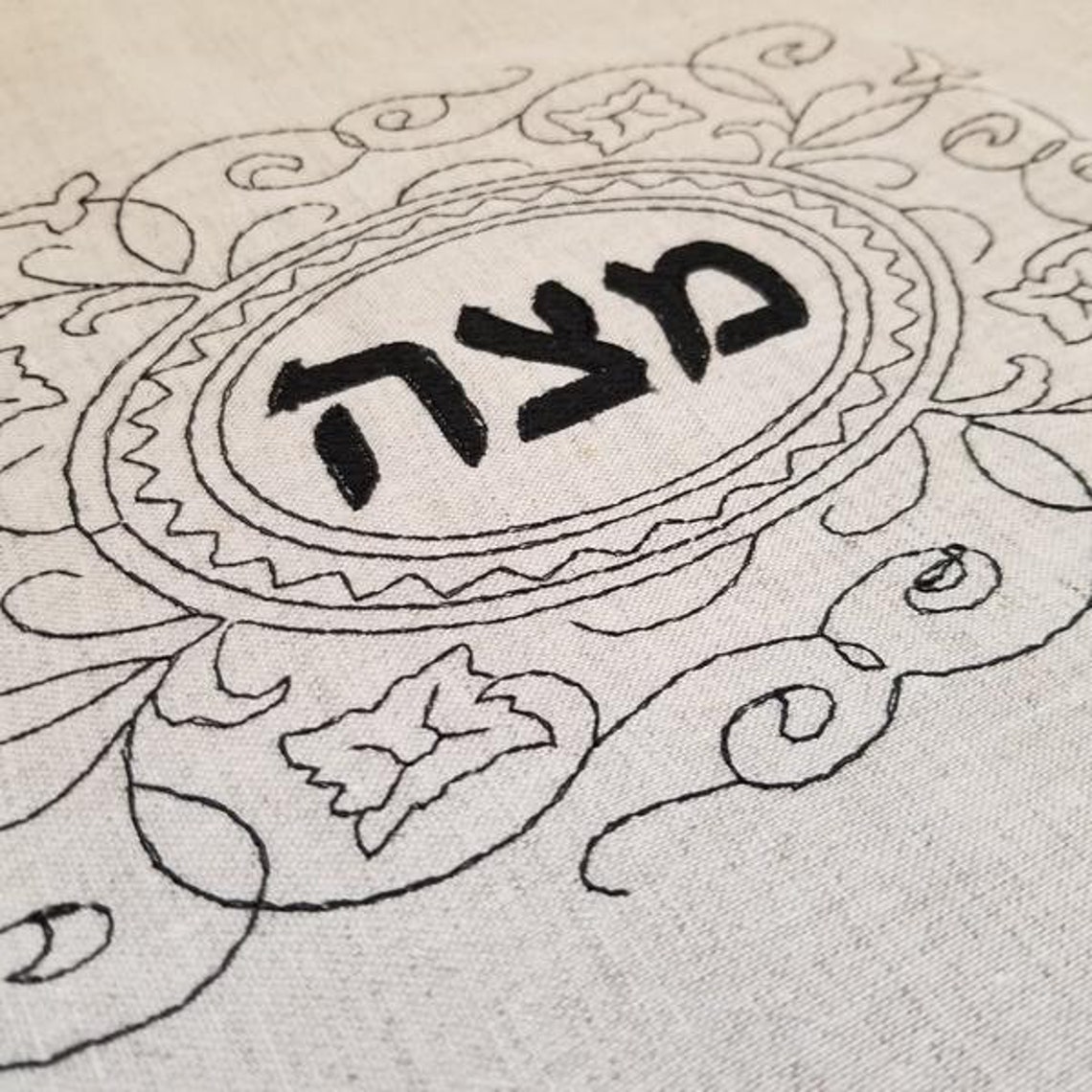 Black Embroidered Matzah Cover Natural Linen/cotton Fabric Jewish ...
