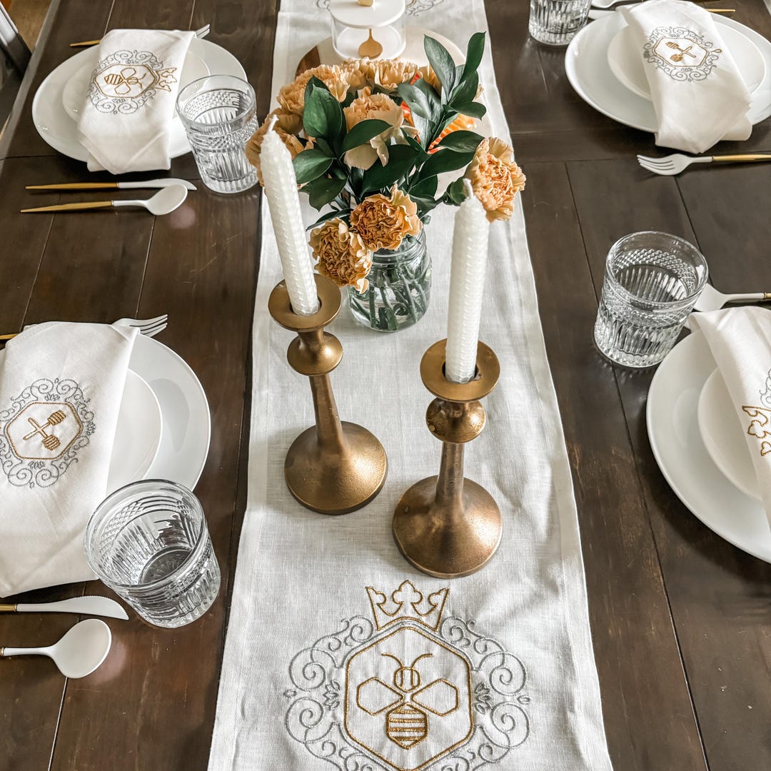 Jewish New Year Embroidered Linen Table Runner for Rosh Hashanah Shana ...