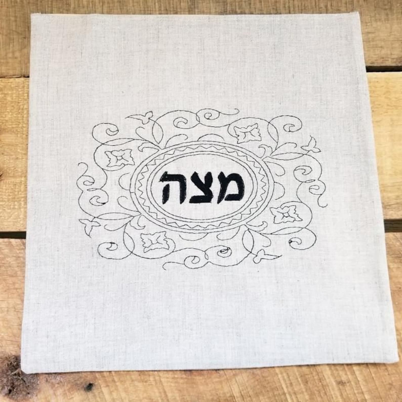 Black Embroidered Matzah Cover Natural Linen/cotton Fabric Jewish ...