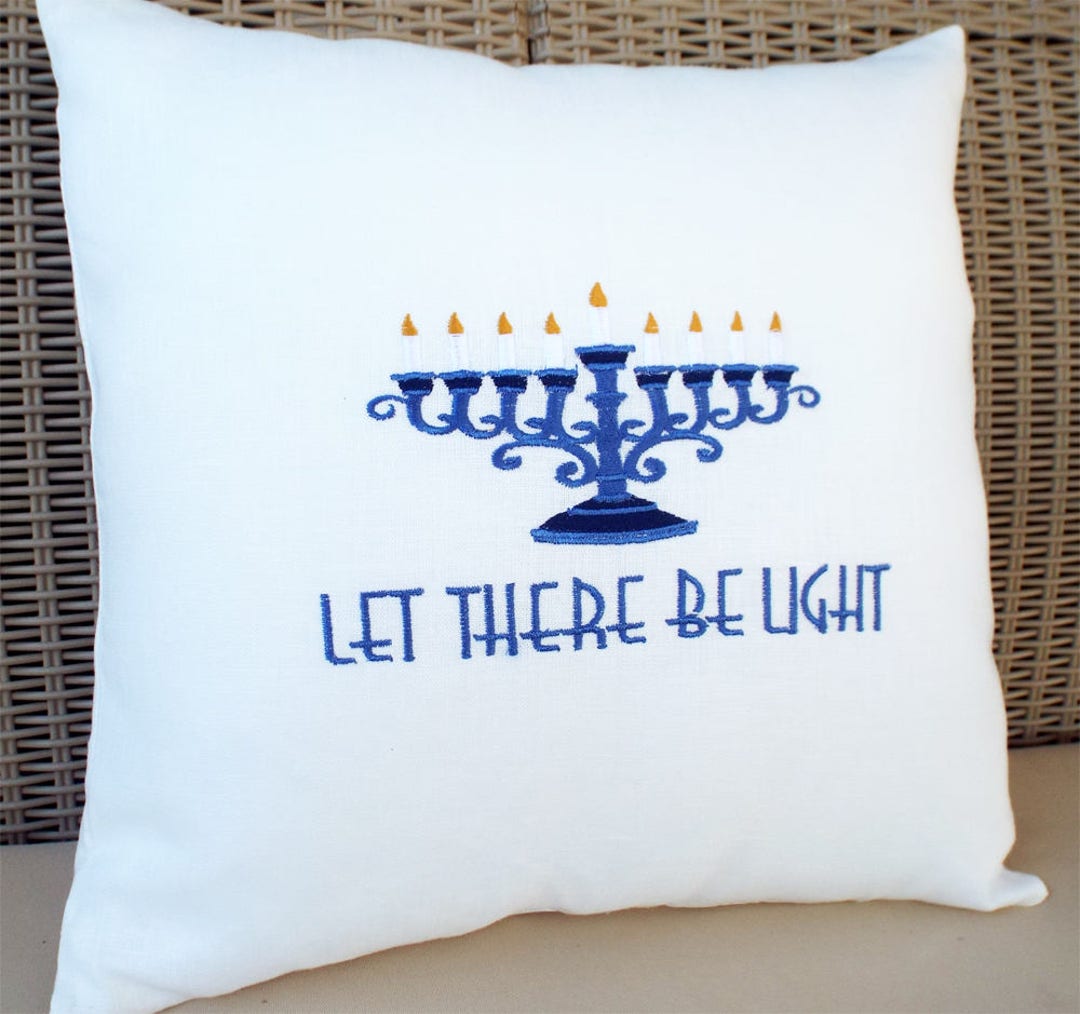 Let There Be Light Light Embroidered Blue Menorah Pillow Cover Hanukkah ...