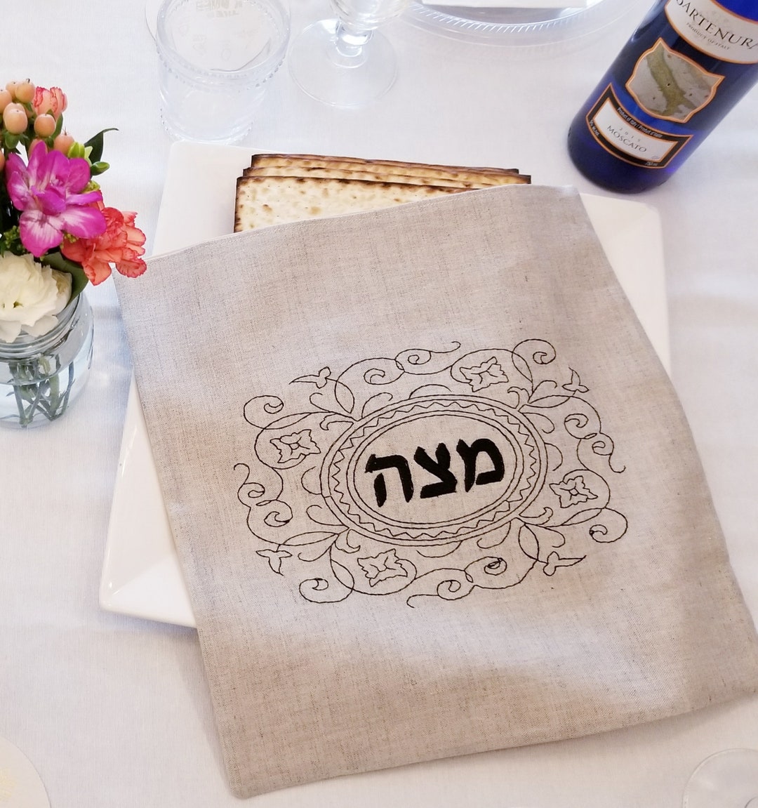 Black Embroidered Matzah Cover Natural Linen/cotton Fabric Jewish ...