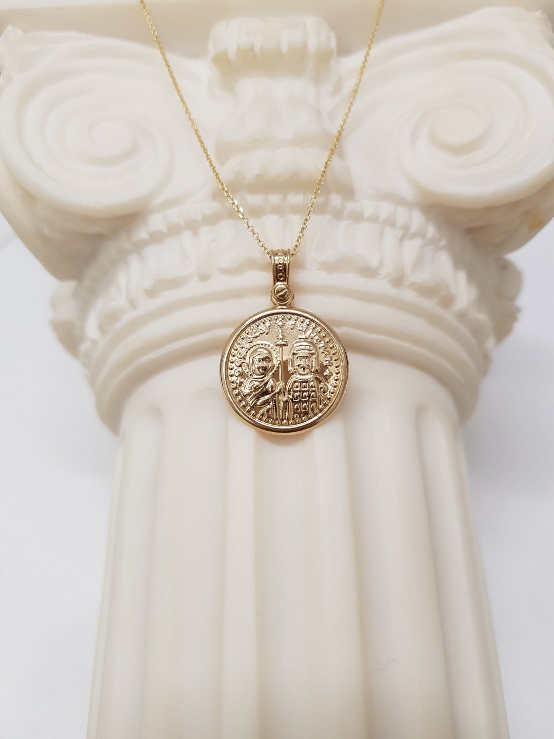 14K Gold Saint Helen & Constantine Pendant: Christian Protection Charm ...