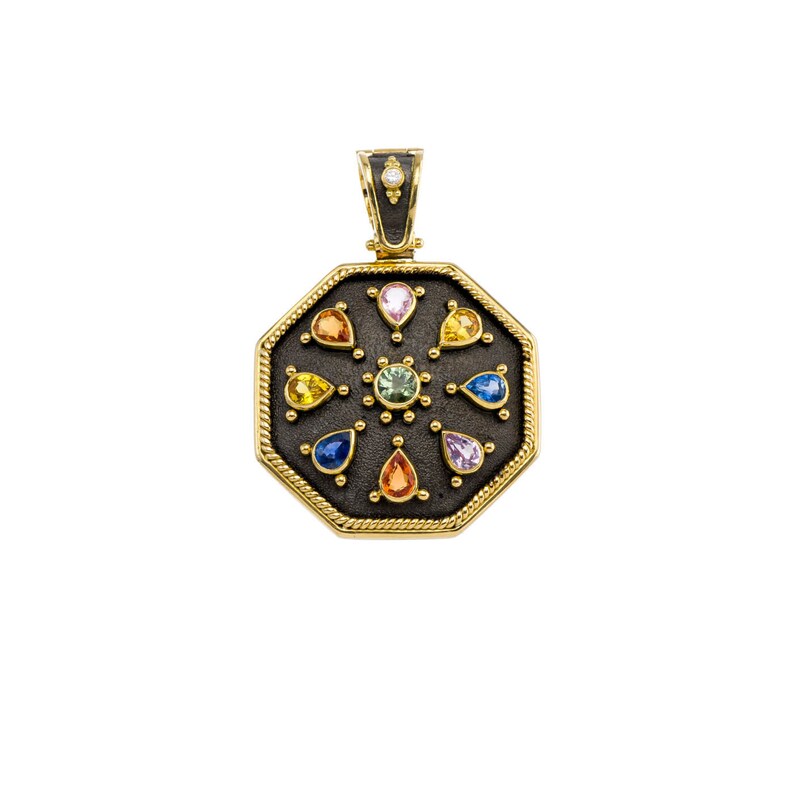 Octagon Byzantine Pendant With Multi Colored Stones in 18k Gold - Etsy