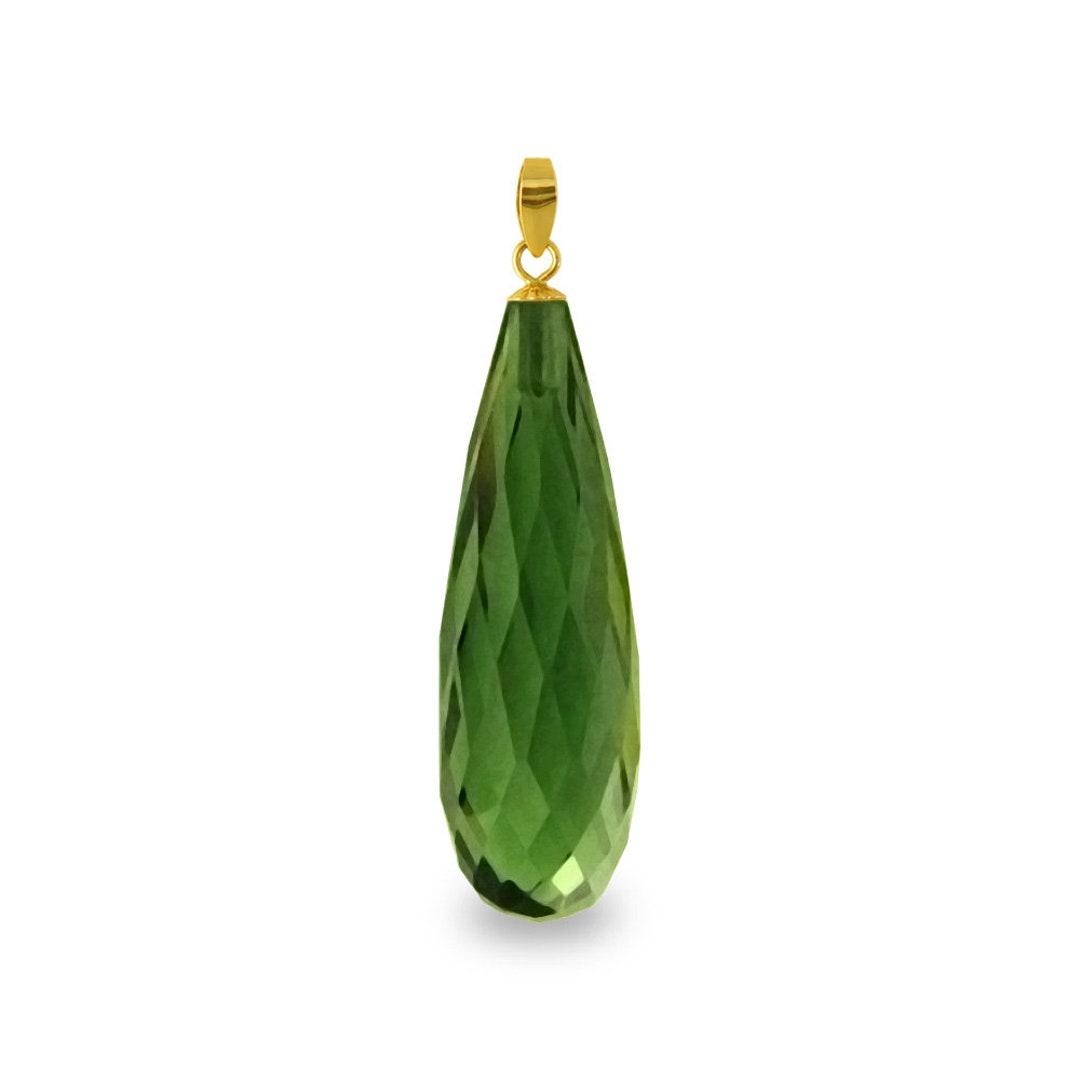 Peridot Quartz Big Stone Pure Drop 10x30mm Pendant 14k Yellow Gold for ...