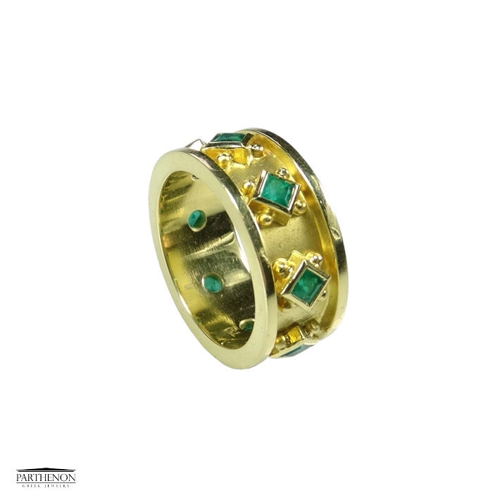 Handmade Band Column Ring Emeralds 18k Solid Gold - Etsy
