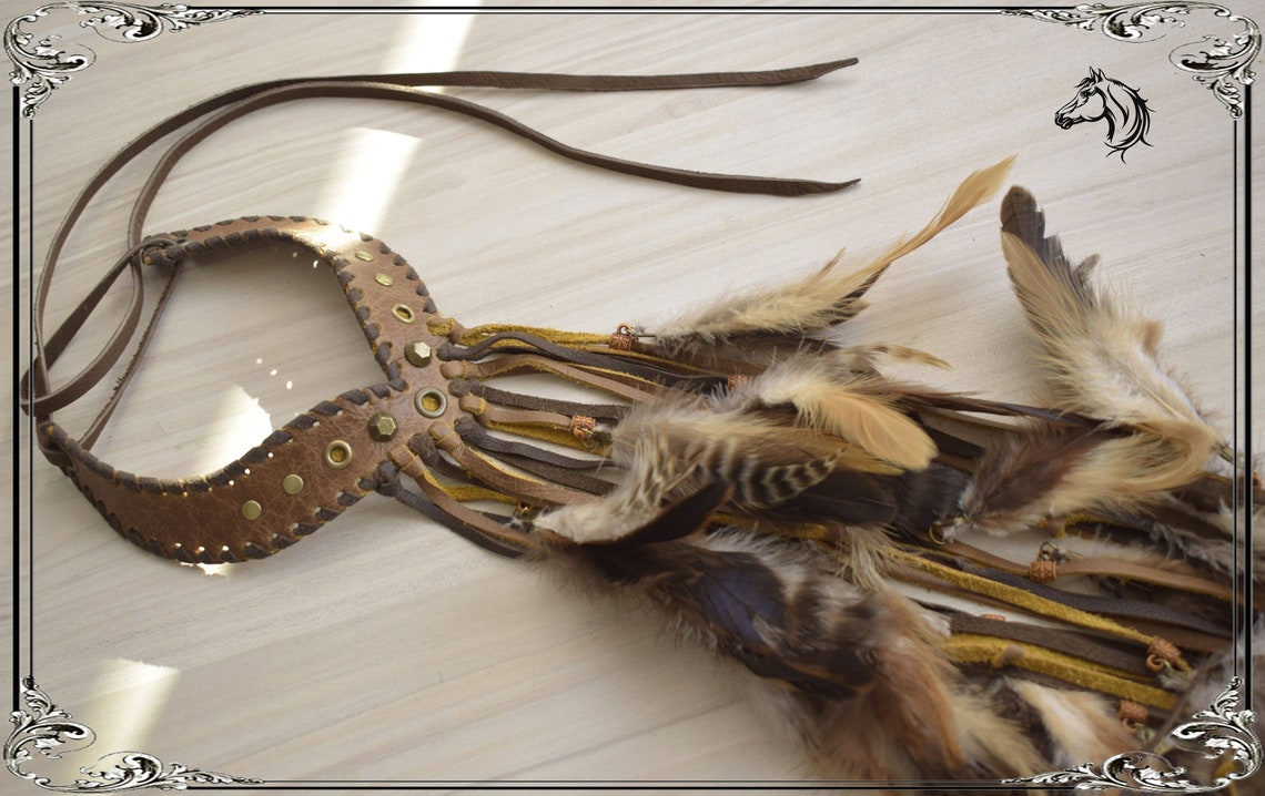 Tribal Feather Choker: Brown Leather Fringe Scarf, Viking Gorget - Etsy