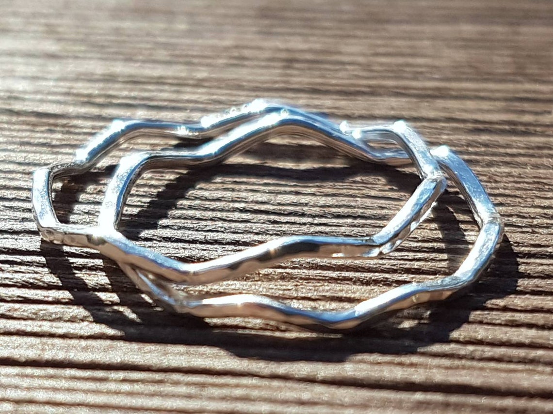 Solid Sterling Silver Stacking Wavy Ring With Hammered Finish Available in Midi, Teen, Child and ...