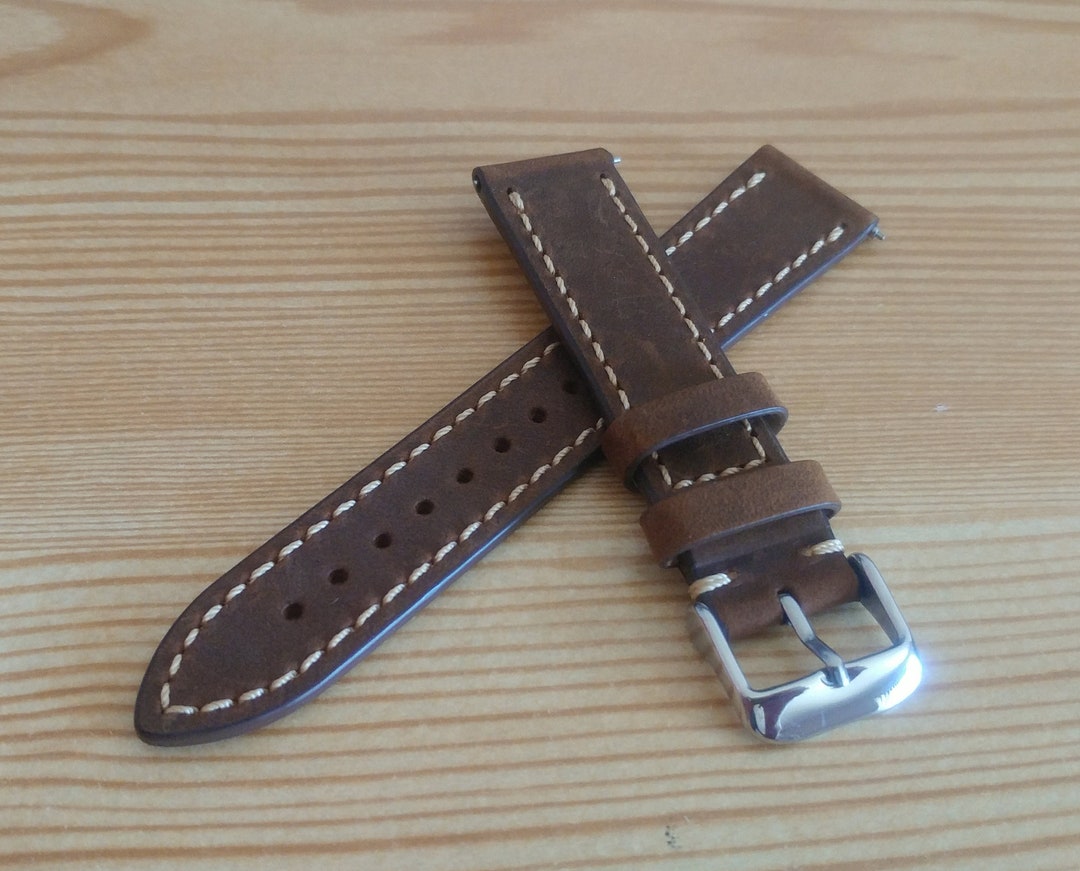 Top Grain Leather Watch Strap - Handcrafted Dark Brown Waxed Top Grain ...