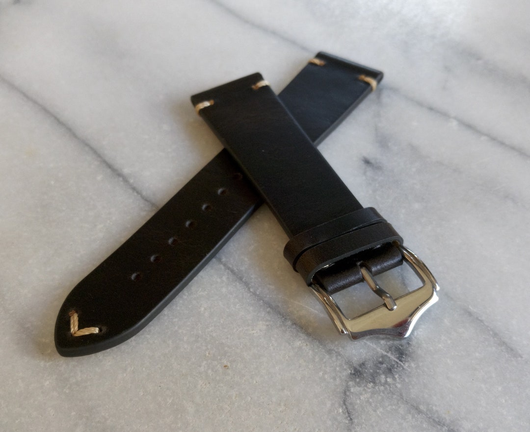 Top Grain Leather Watch Strap Handcrafted Black Oil Waxed Genuine Top ...
