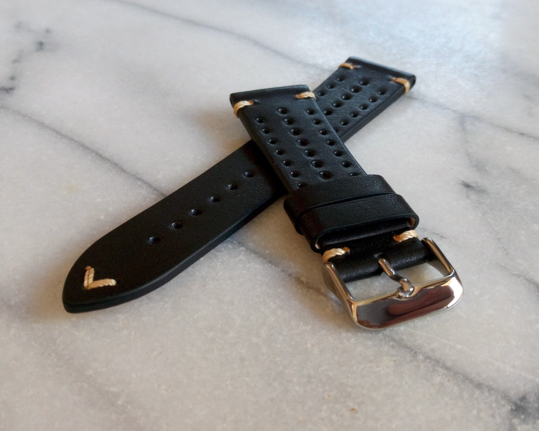 Top Grain Leather Racing Watch Strap - Handcrafted Black Top Grain ...