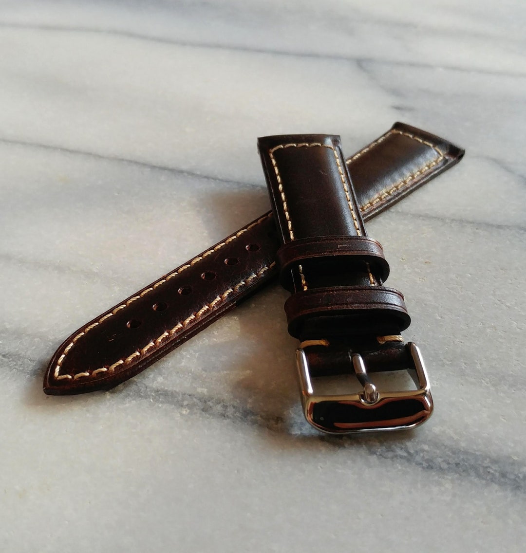 Top Grain Leather Watch Strap-handcrafted Dark Brown Oil Waxed Genuine ...