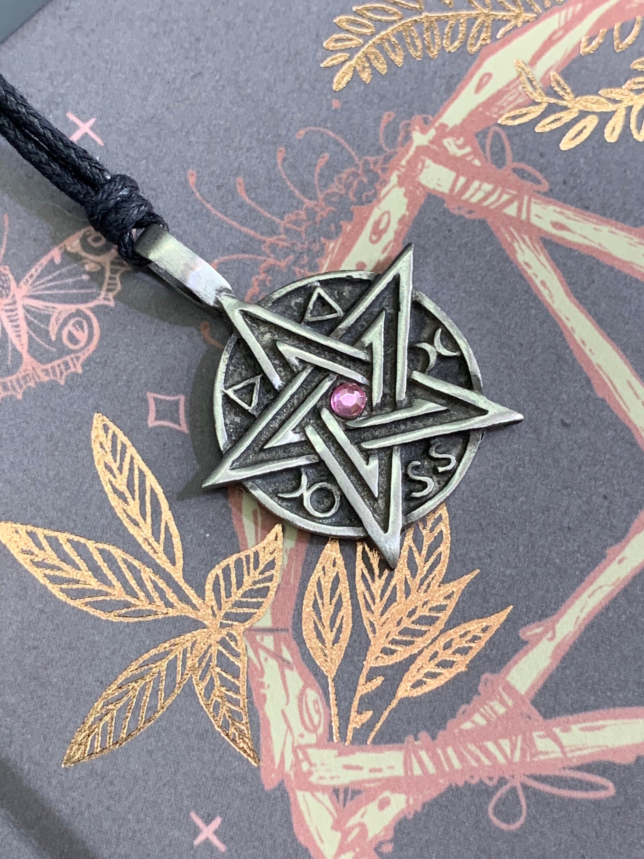 Pentacle Rune Symbols with Pink Stone. Pewter Pendant on | Etsy