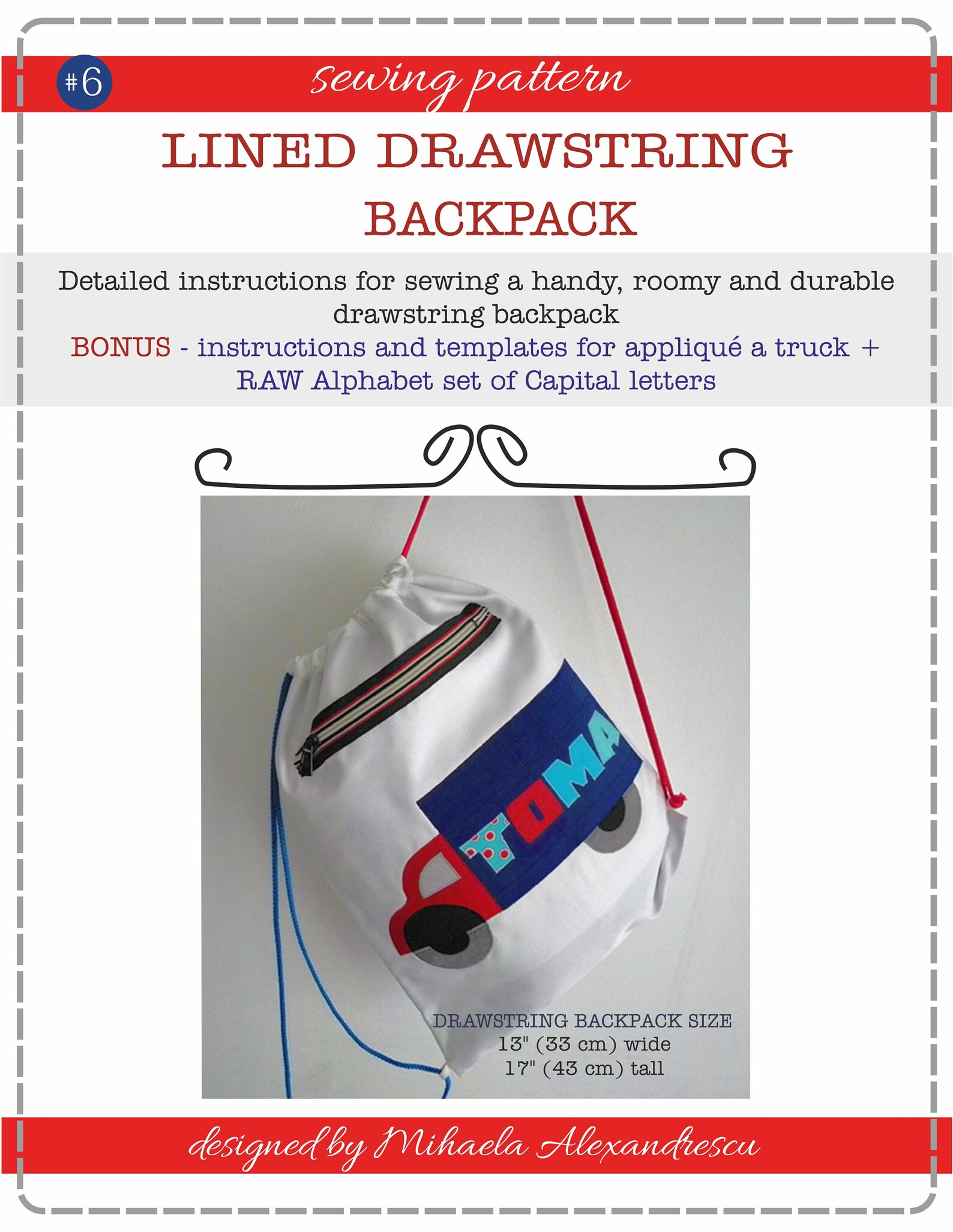 Lined Drawstring Backpack Sewing Pattern With Truck & Alphabet Applique ...