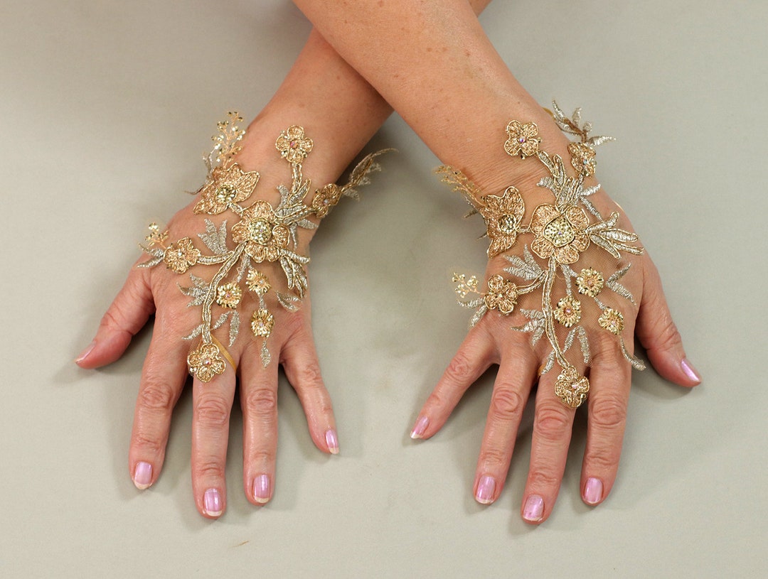 Gold Gloves, Wedding Gloves, Glitter Gloves, Flower Gloves, Fingerless ...
