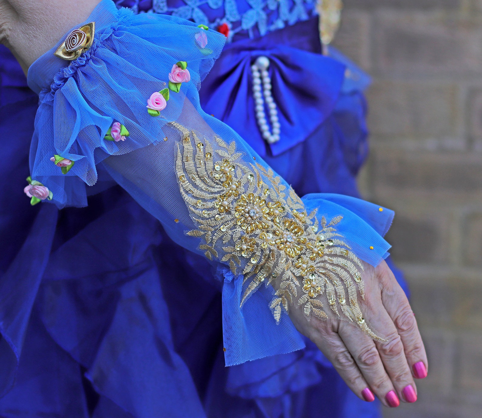 Long Blue Gold Gloves, Rococo/baroque Style, Pearls/beads Lace Gloves ...