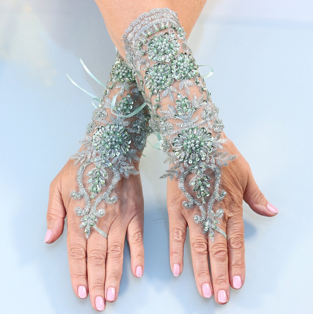 Mint Gloves, Beaded Pearls Gloves, Wedding Gloves, Long Gloves, Green ...