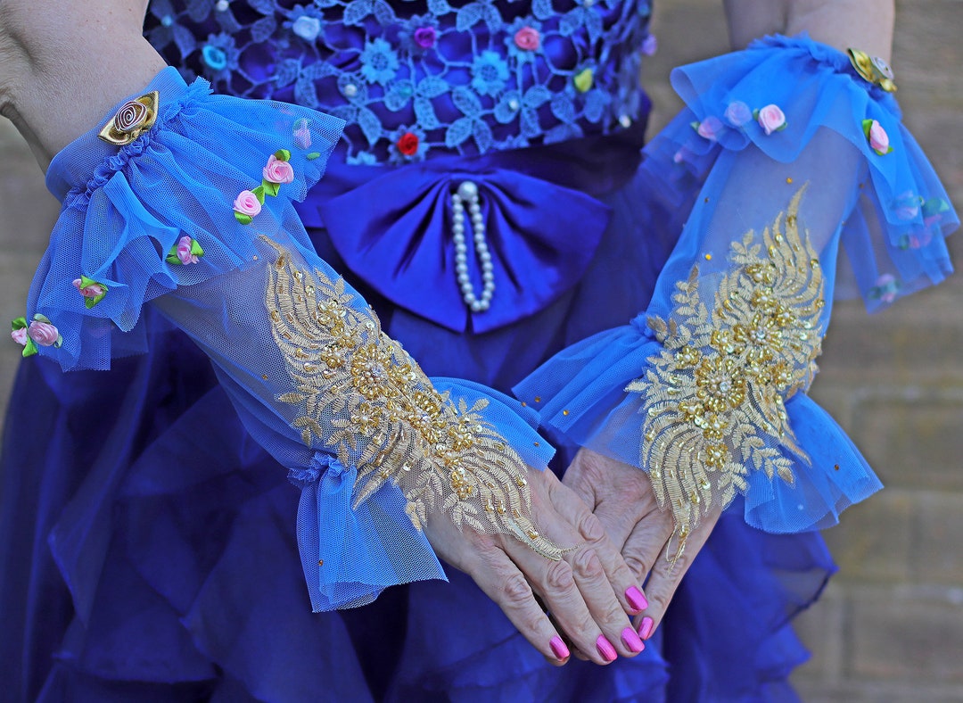Long Blue Gold Gloves, Rococo/baroque Style, Pearls/beads Lace Gloves ...