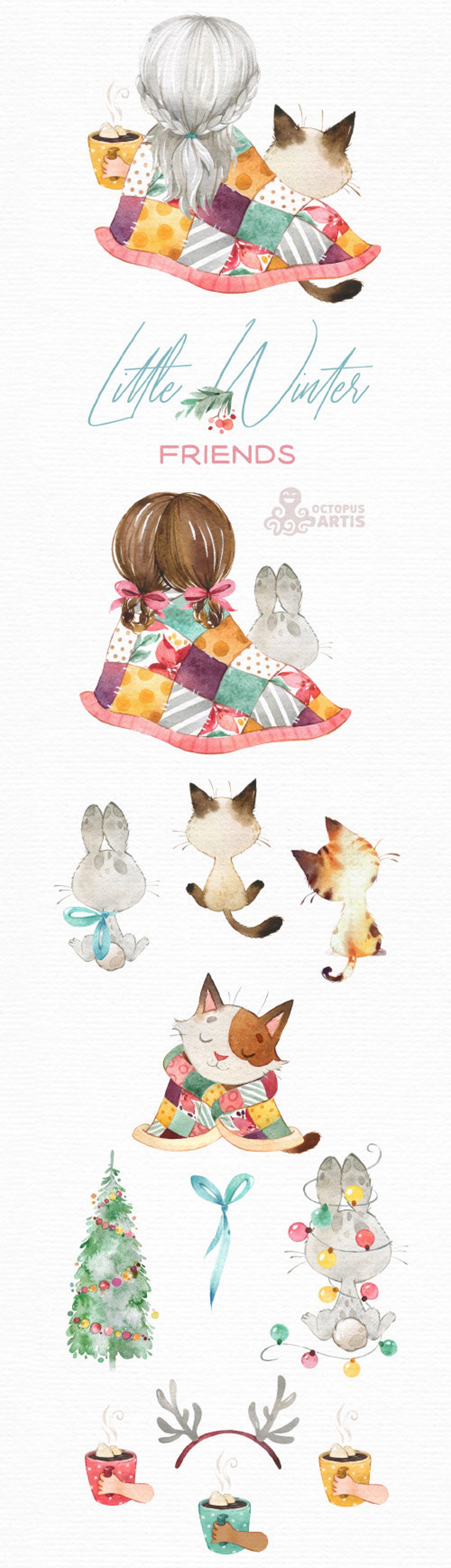 Little Winter. Friends. Watercolor Christmas Clipart Girls - Etsy