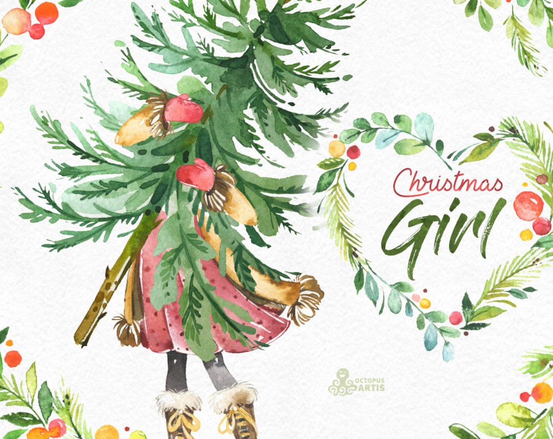 Christmas Girl. Watercolor Holiday Clipart, Lady, Vintage, Floral ...