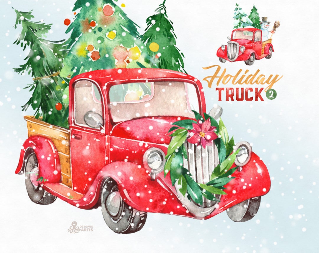 Holiday Truck. Watercolor Christmas Clipart, Vintage, Retro Truck ...