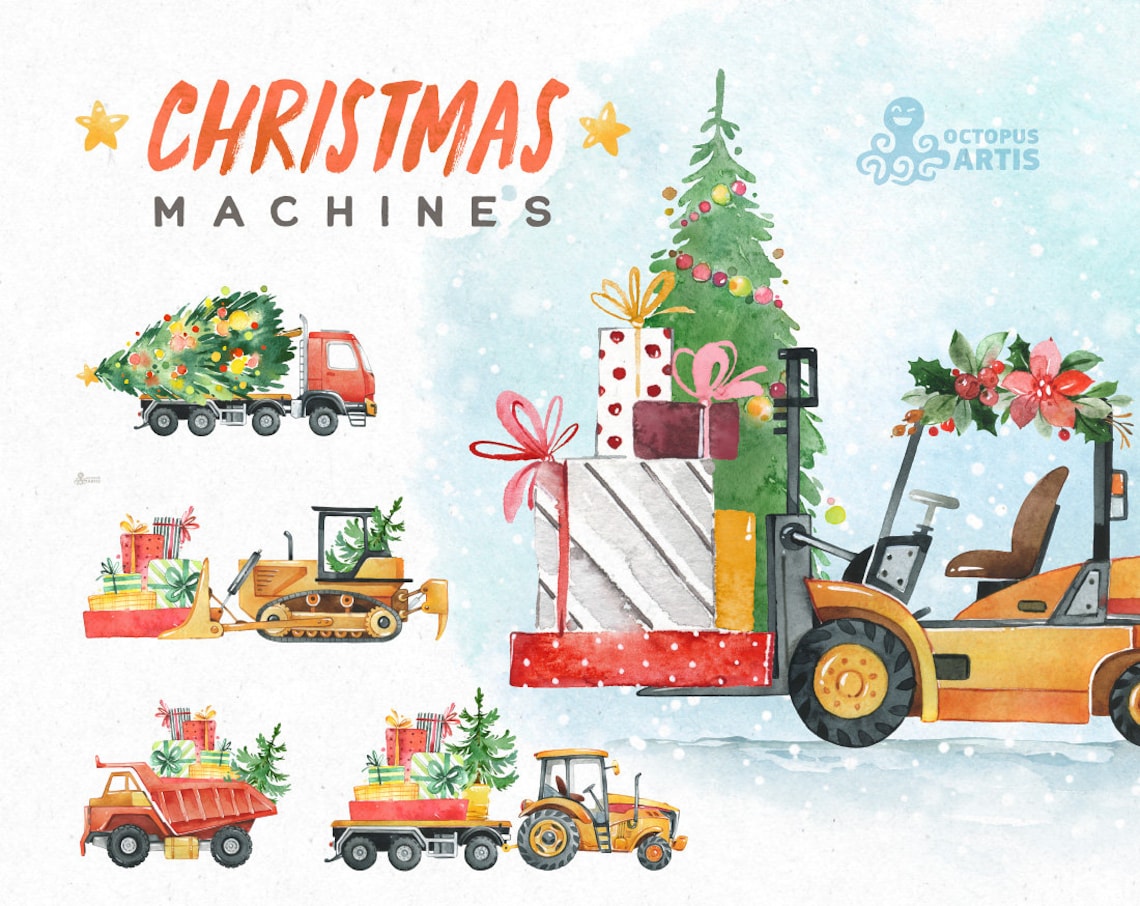 Christmas Machines. Watercolor Holiday Clipart Forklift - Etsy