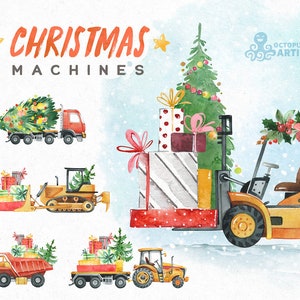 Christmas Machines. Watercolor Holiday Clipart, Forklift, Construction ...
