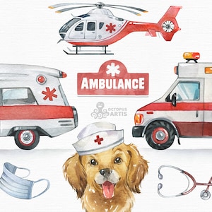 Ambulance. Watercolor Clipart, Emergency, EMT, Paramedic, Driver, Dog ...
