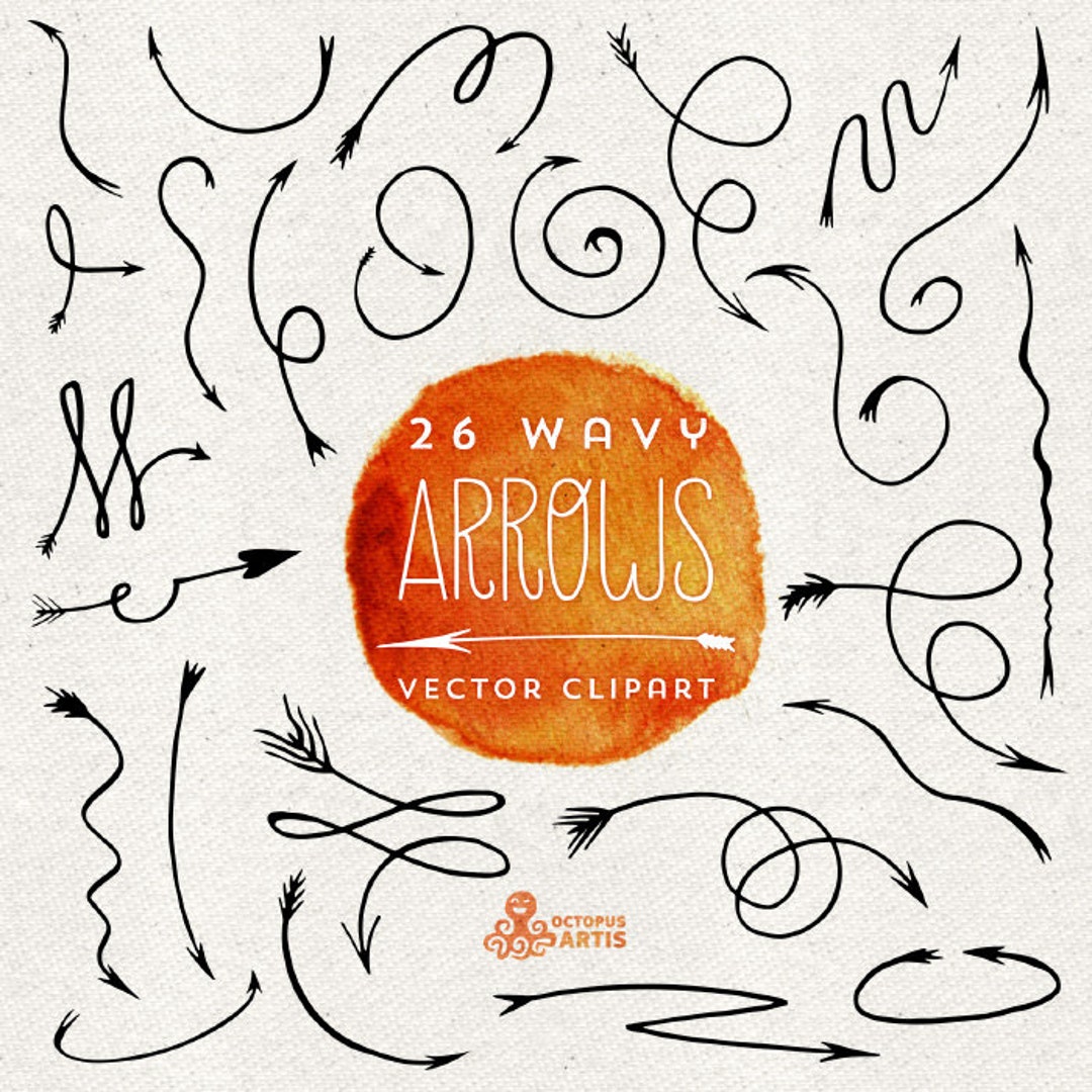 Wavy Arrows Clipart: 26 Vector Digital Files. Hand Drawn, Doodle ...