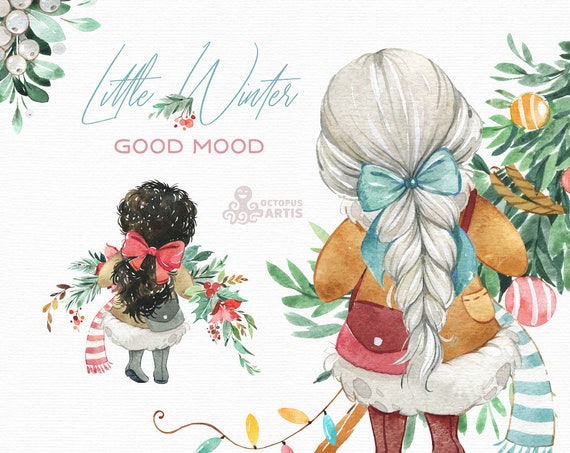 Little Winter. Good Mood. Watercolor Christmas clipart girls | Etsy