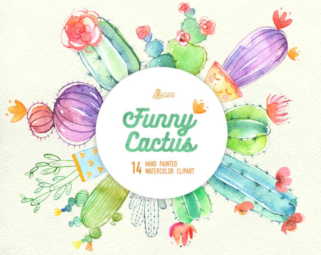 Funny Cactus in Pots. 14 Hand Painted Digital Clipart, Diy Elements ...