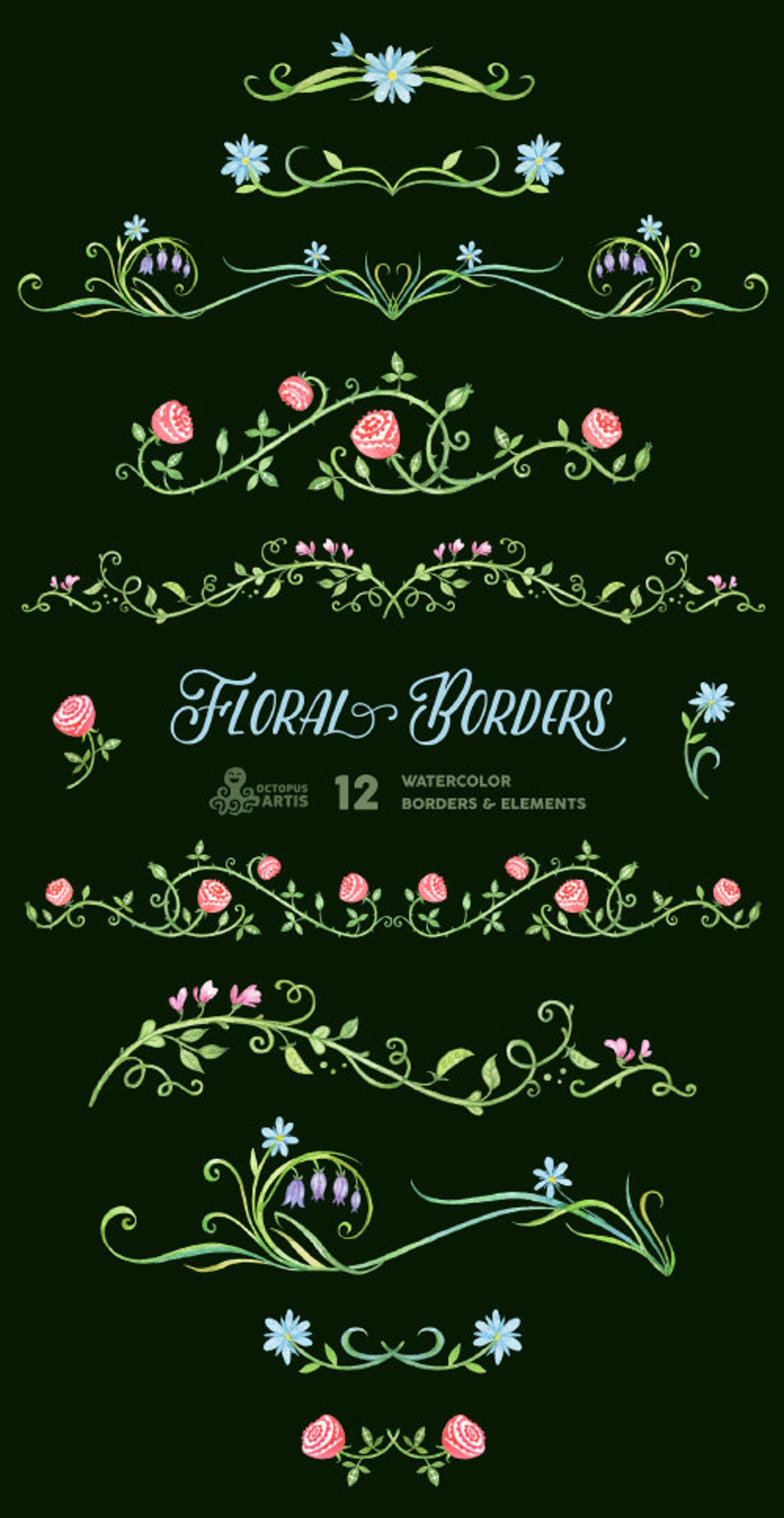 Floral Borders & Elements. 12 Digital Clipart. Hand painted | Etsy