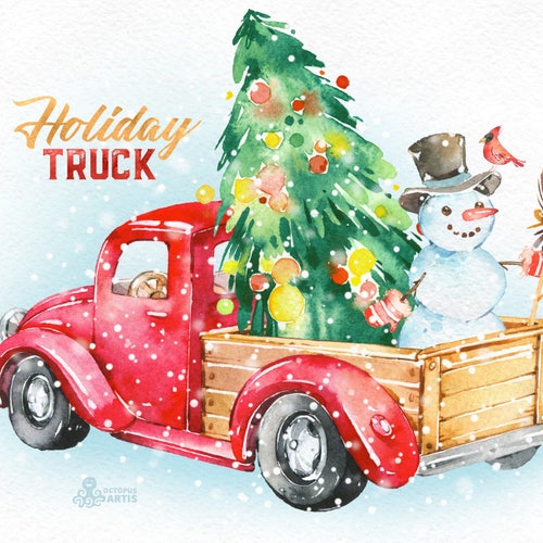 Watercolor Christmas Clipart: christmas Truck - Etsy