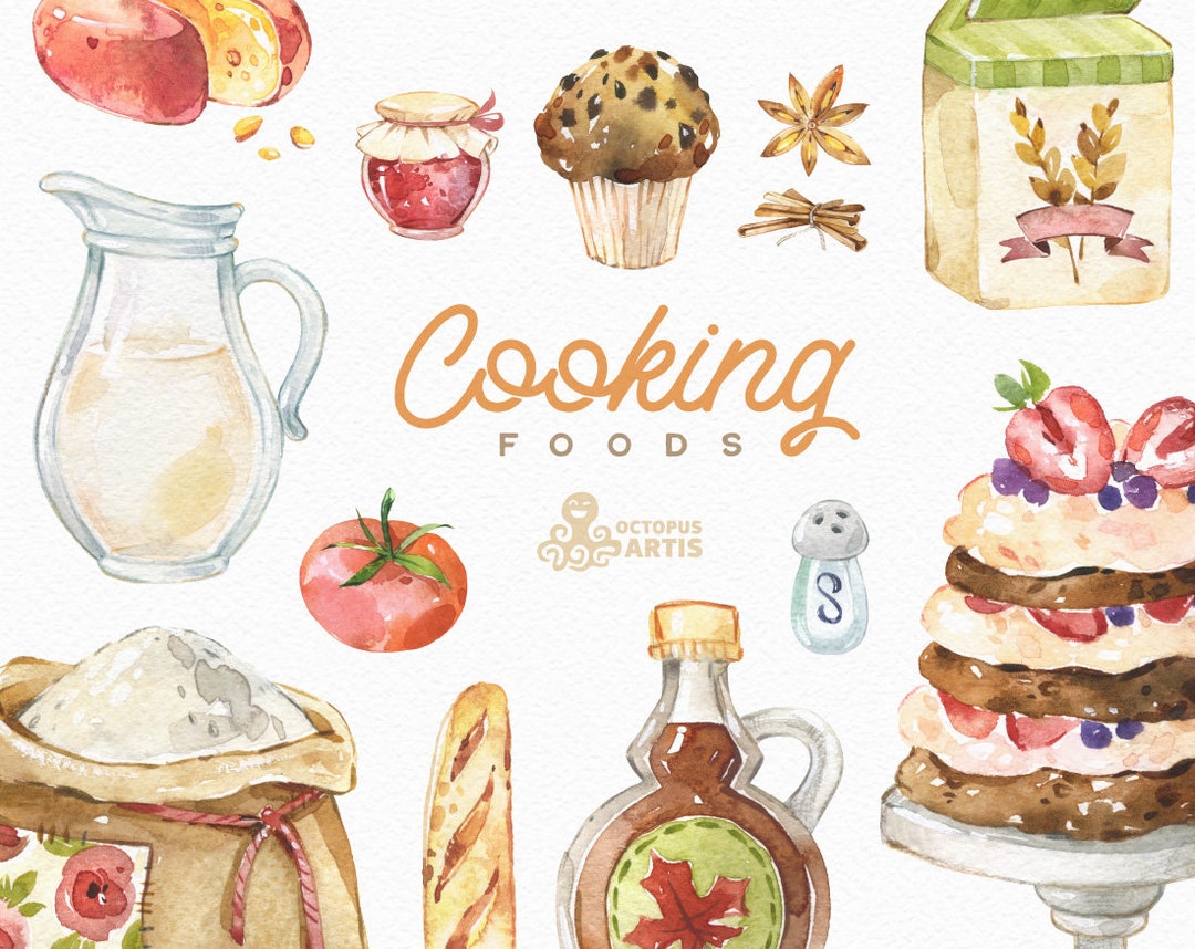 Cooking. Foods. Watercolor Clipart, Sugar, Fruits, Vegetables, Cake ...