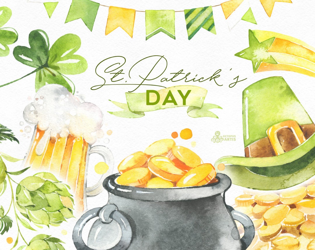 St. Patrick's Day. Watercolor Clipart, Irish, Green, Clover, Gold ...