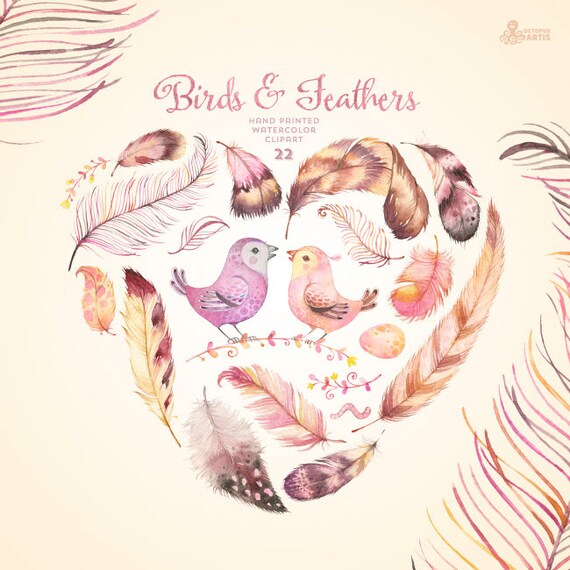 Birds & Feathers Clipart Heart. Valentine watercolor wedding | Etsy