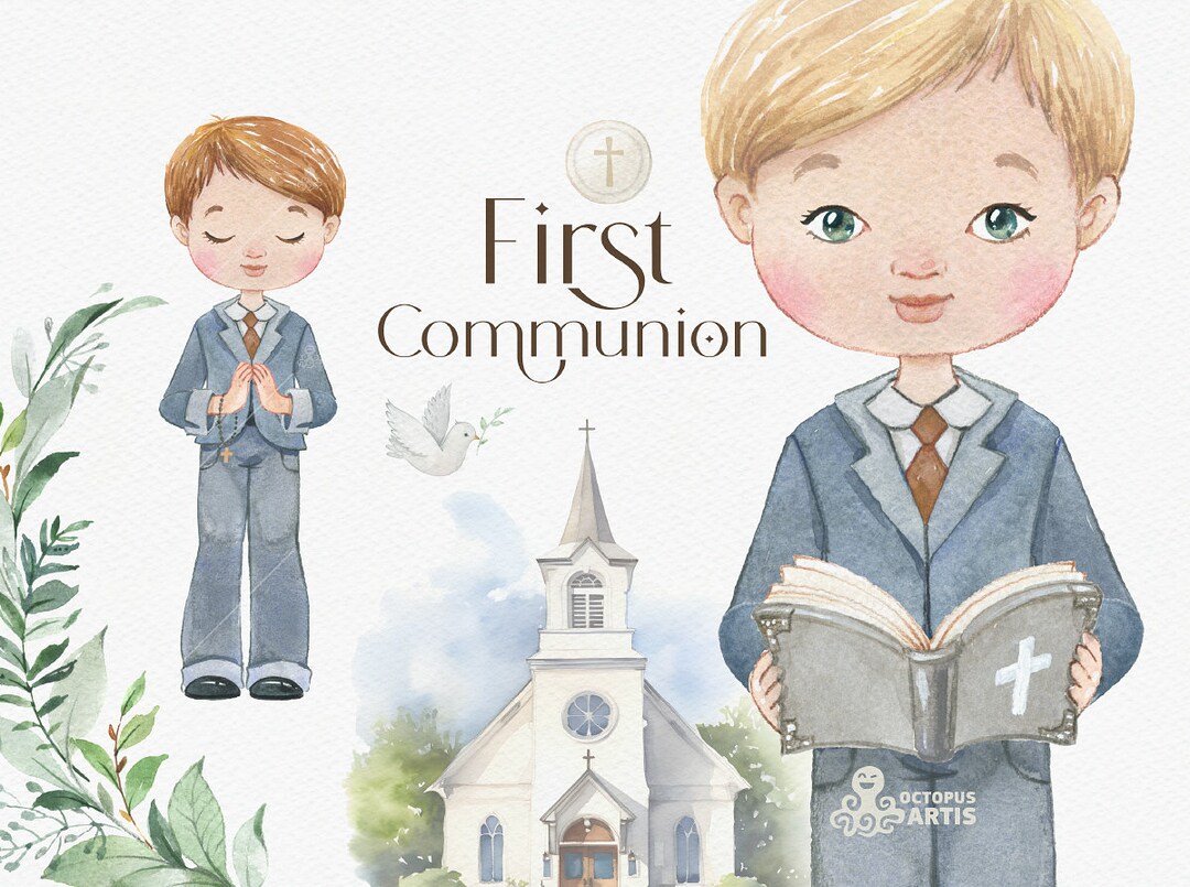 First Communion. Boys. Watercolor Clipart, Little Boy, Church, Holy ...