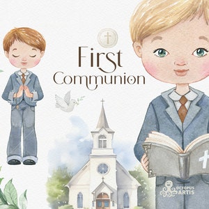 First Communion. Boys. Watercolor Clipart, Little Boy, Church, Holy ...