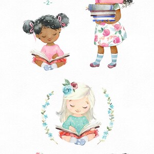 Girls Love Books 2 Watercolor Clipart, Reading, Flowers, Outdoor ...