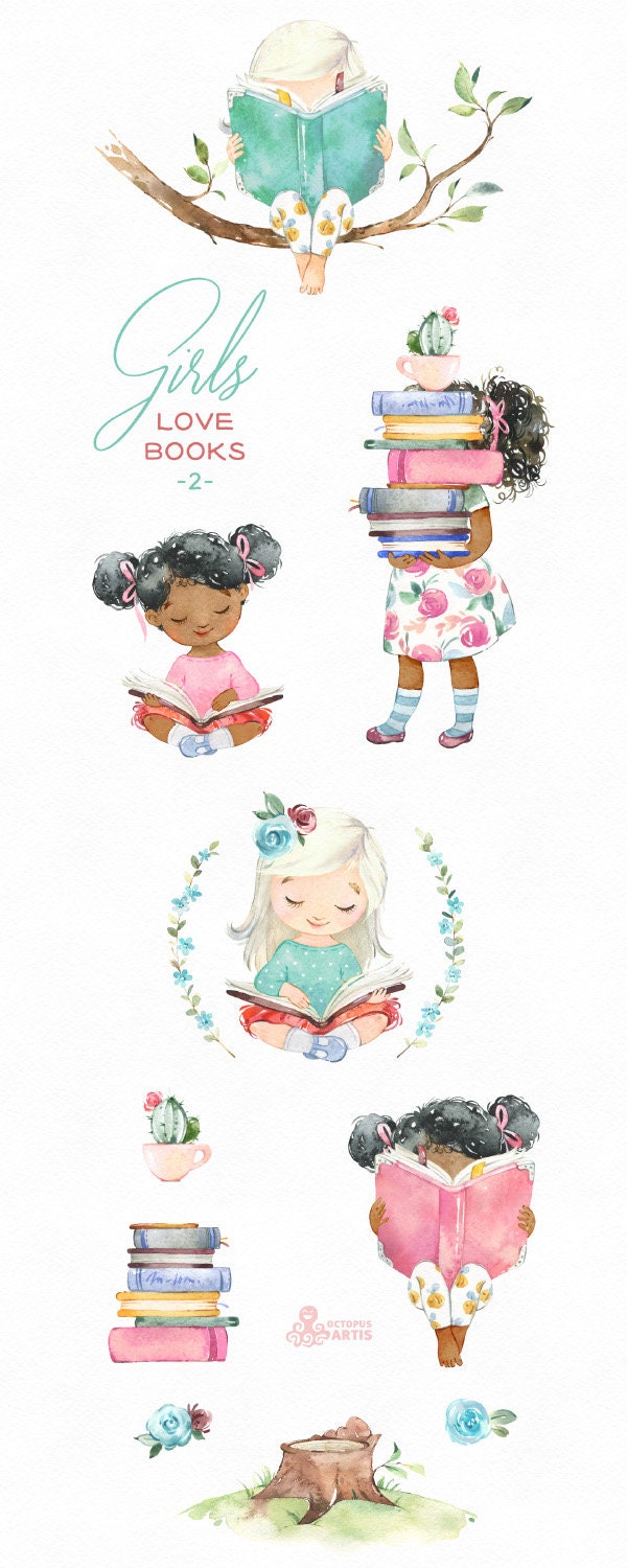 Girls Love Books 2 Watercolor Clipart Reading Flowers | Etsy