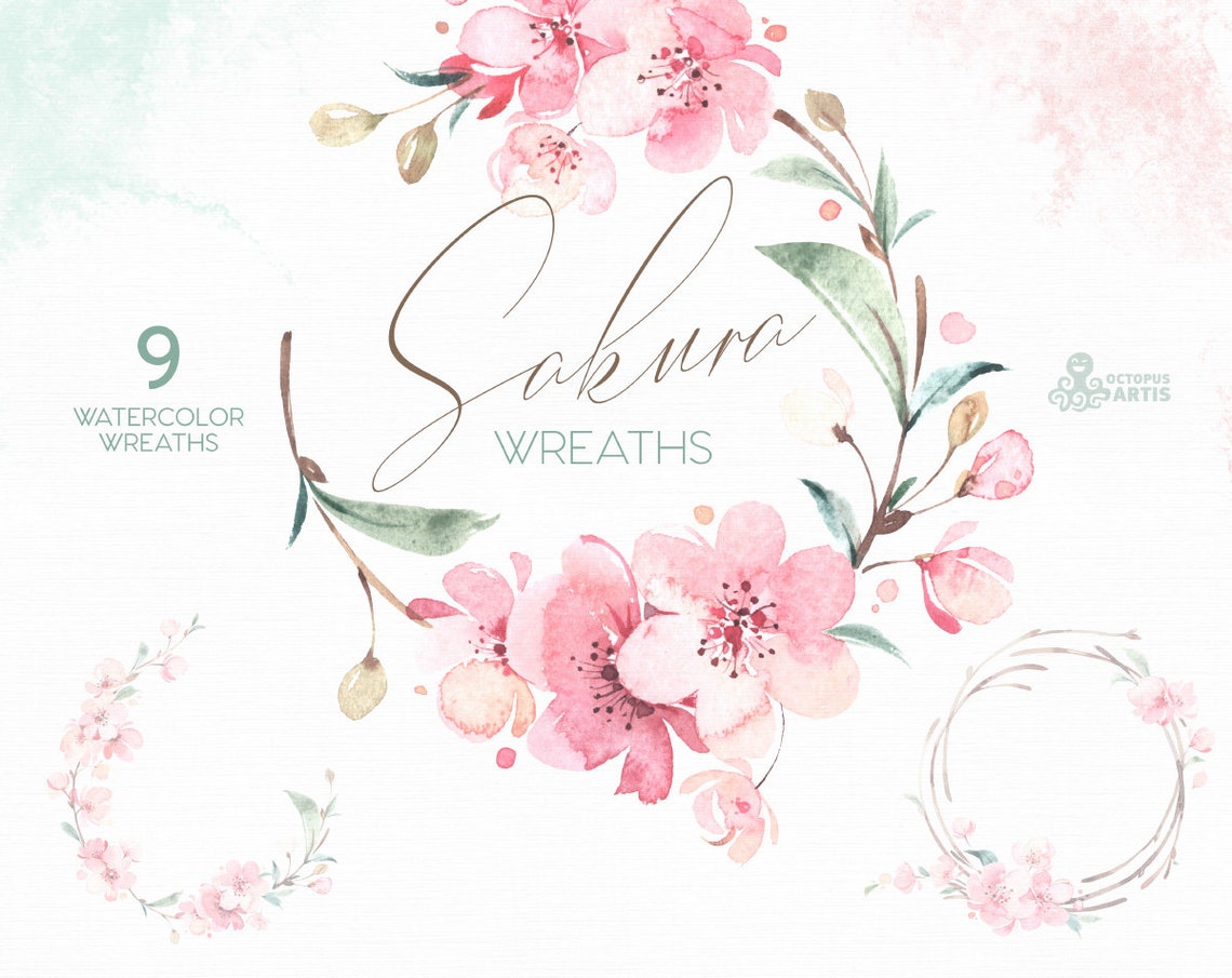 Sakura Wreaths. Watercolor Floral Clipart Cherry Blossom | Etsy