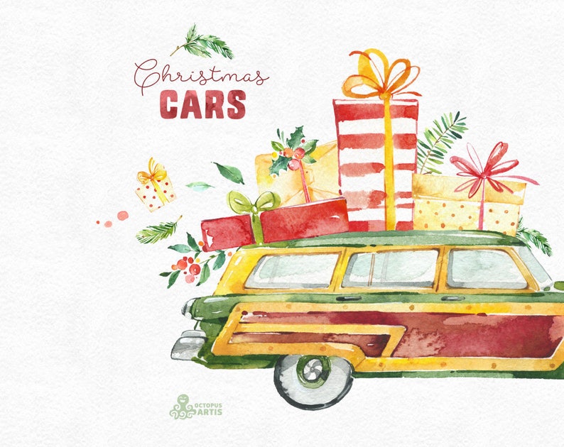 Christmas Cars. Watercolor Holiday Clipart Dog Fun Gifts - Etsy