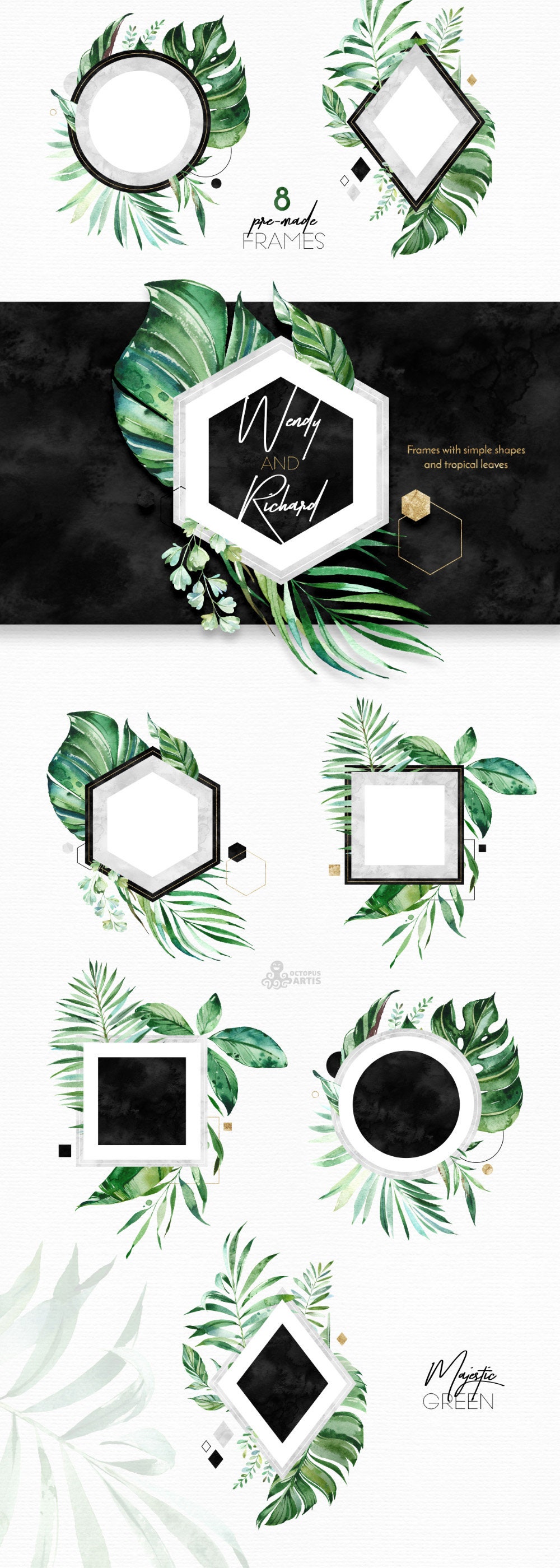 Majestic Green. Frames 1. Watercolor Floral Geometric Frames - Etsy