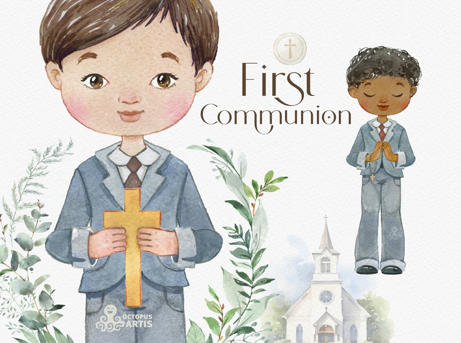 First Communion. Boys 2. Watercolor Clipart, Black Little Boy, Church ...