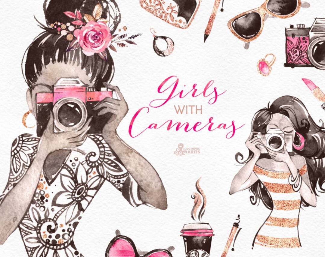 Girls With Cameras. Watercolor Clipart, Photographer, Logo, Fashion ...