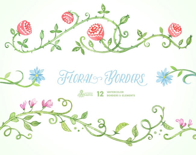 Floral Borders & Elements. 12 Digital Clipart. Hand painted | Etsy