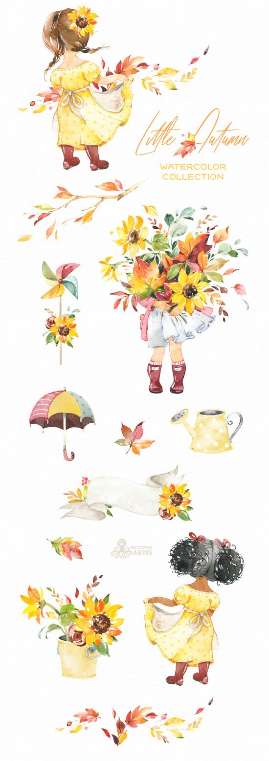 Little Autumn 2. Watercolor Clipart Cute Girl Fall Flowers | Etsy