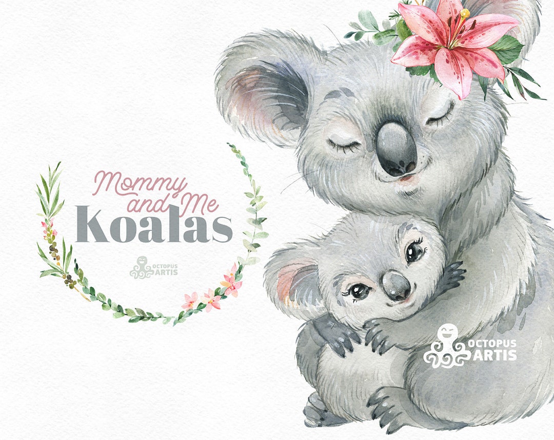 Koalas. Mommy & Me. Watercolor Animals Clipart. Australia, Eucalyptus ...