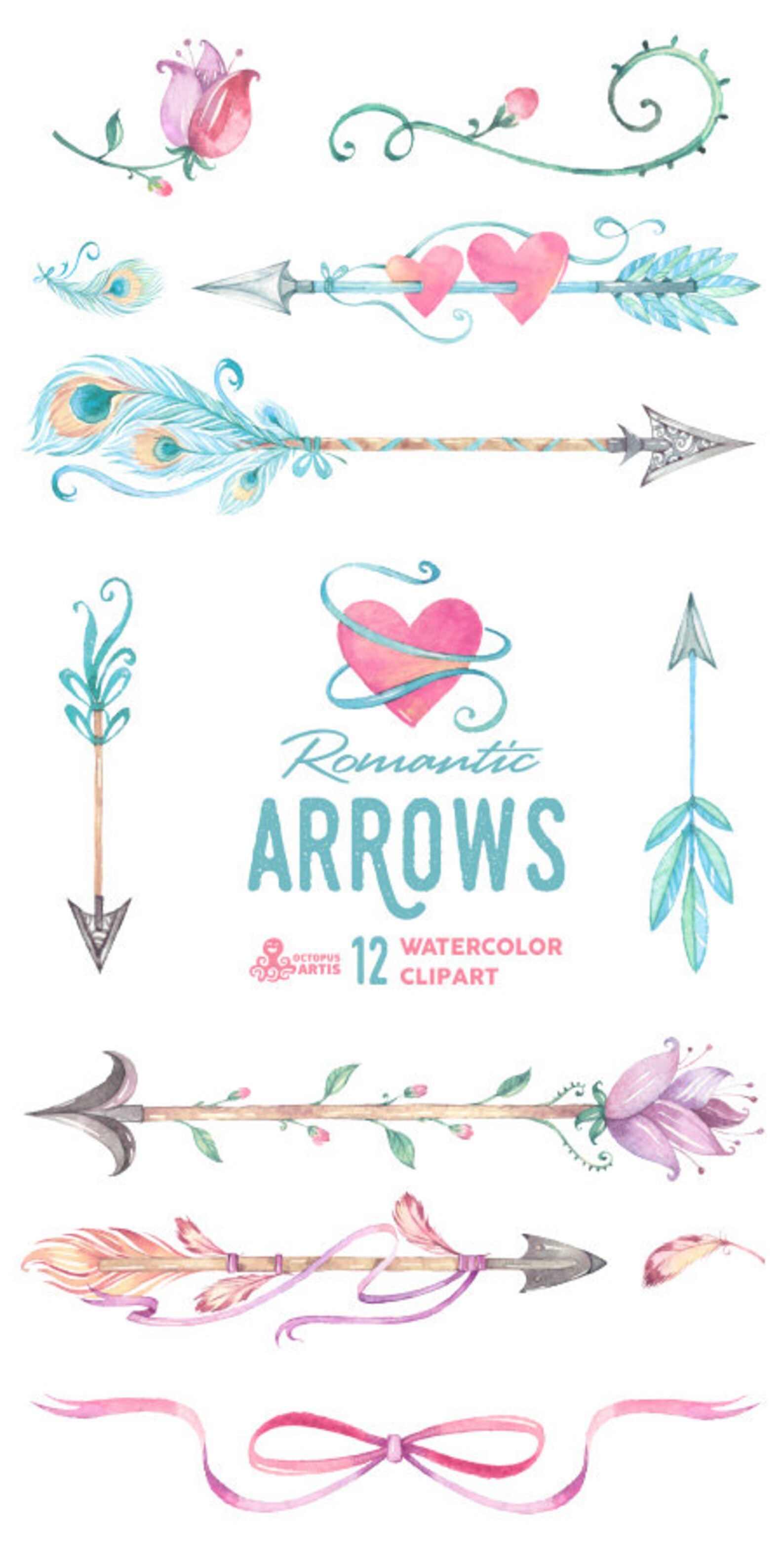 Romantic Arrows Watercolor Clipart. 12 Hand Painted Elements - Etsy
